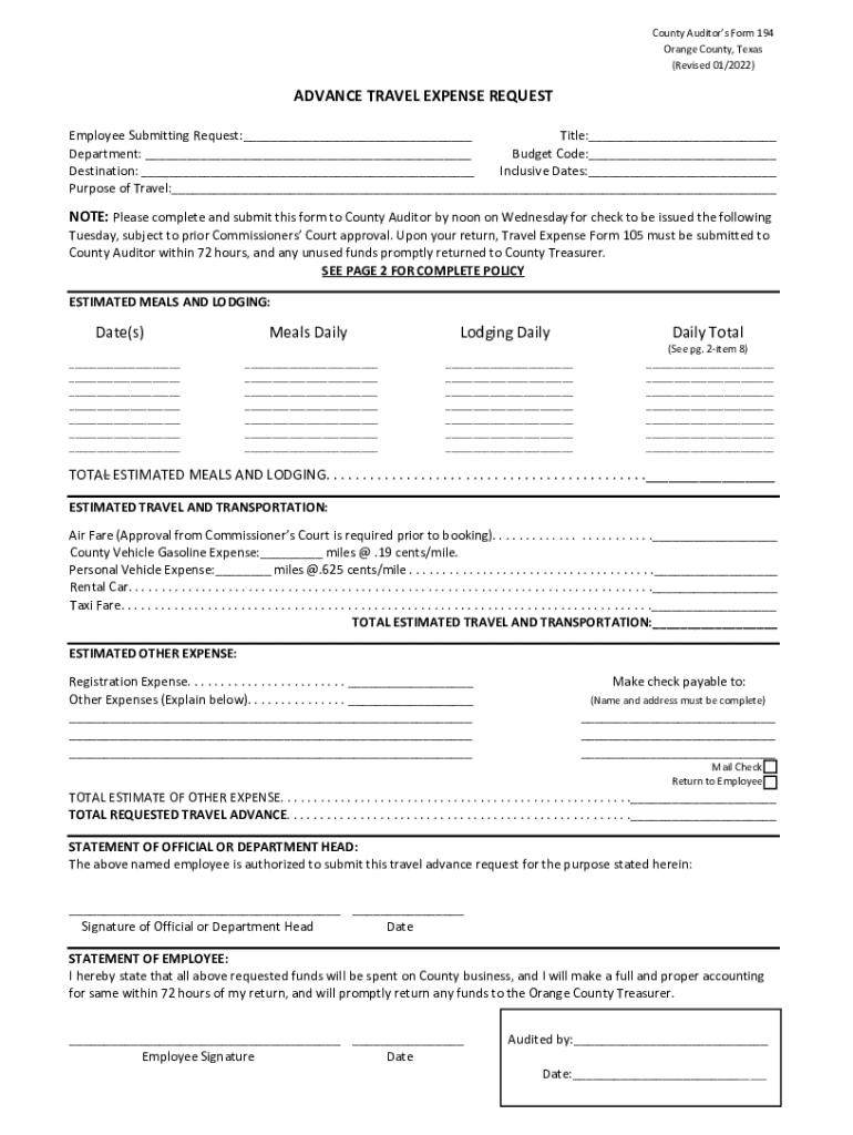 Fillable Online Travel Expense Claim - Orange County, Texas Fax Email ...