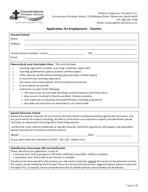 Fillable Online Application form - teacher - - Cornerstone Christian ...