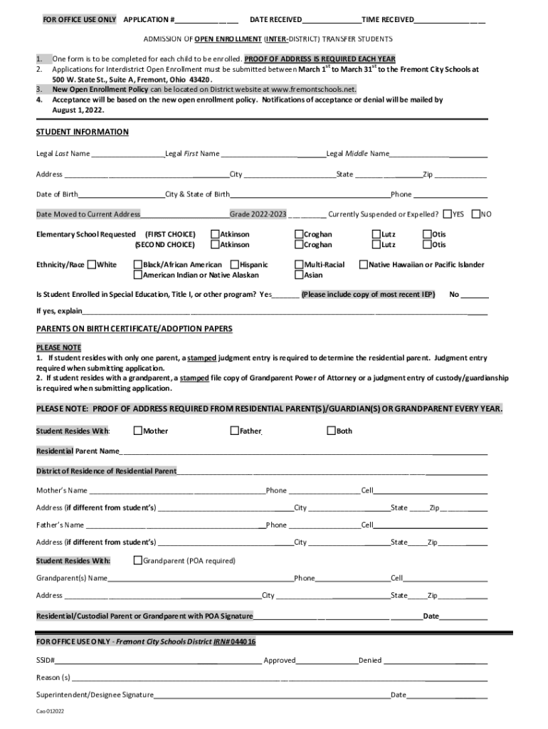 Fillable Online admission of open enrollment (inter-district) transfer ...