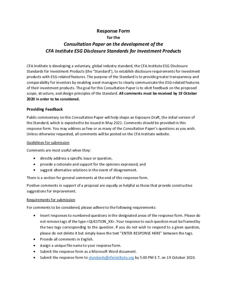 Fillable Online Exposure Draft of the CFA Institute ESG Disclosure Standards ... Fax Email Print ...