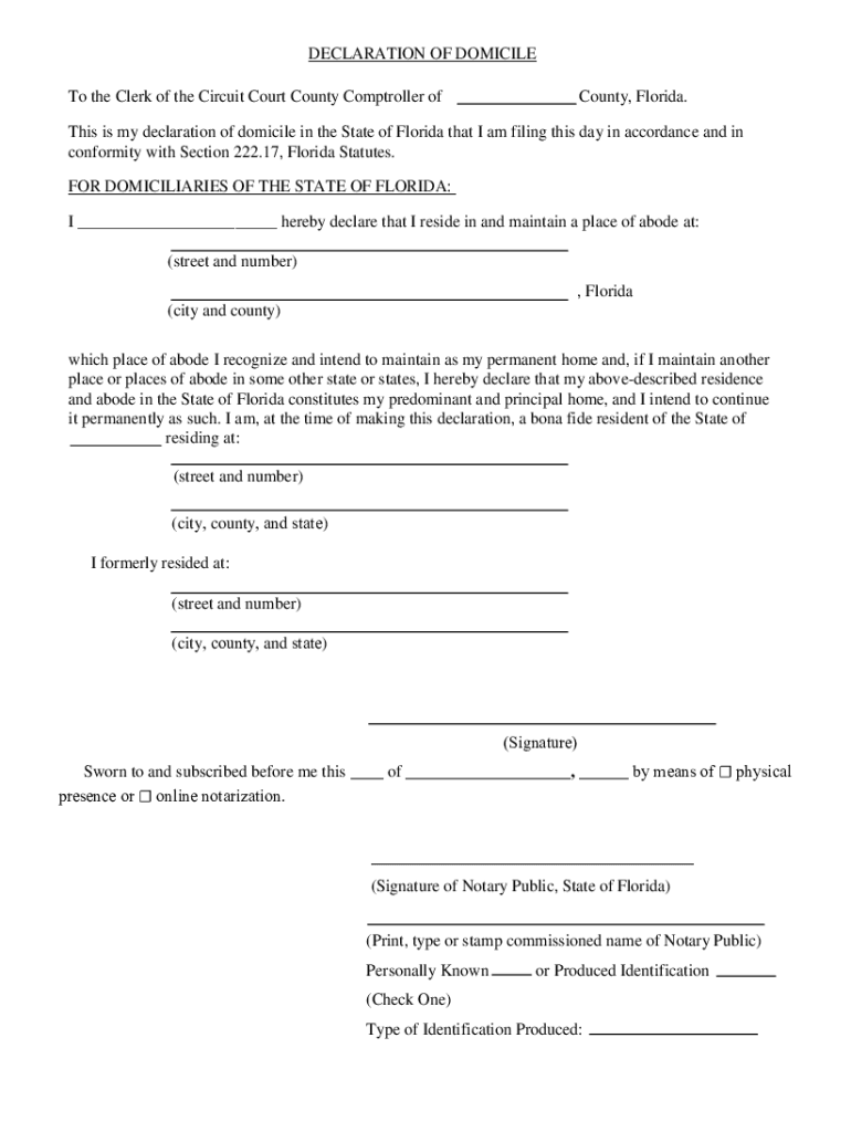 Fillable Online This is my Declaration of Domicile in the State of ...