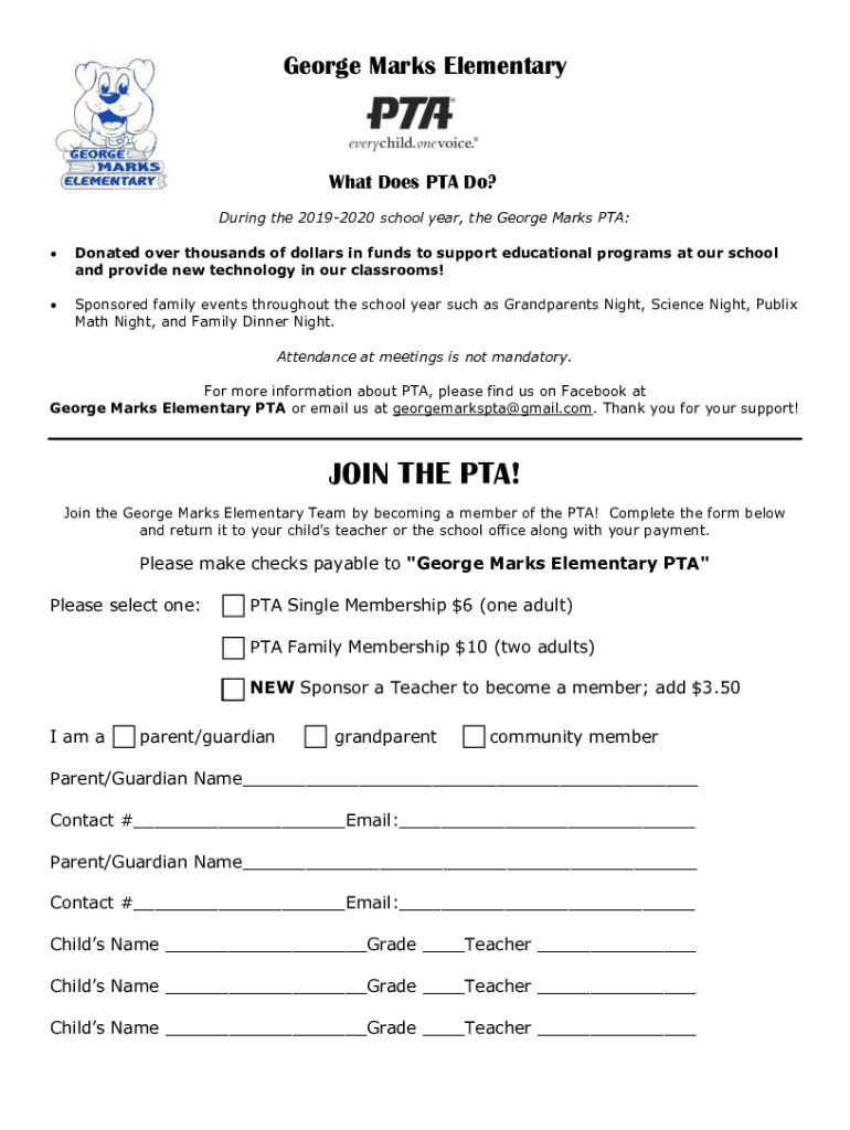Fillable Online George Marks Elementary What Does PTA Do? Fax Email ...