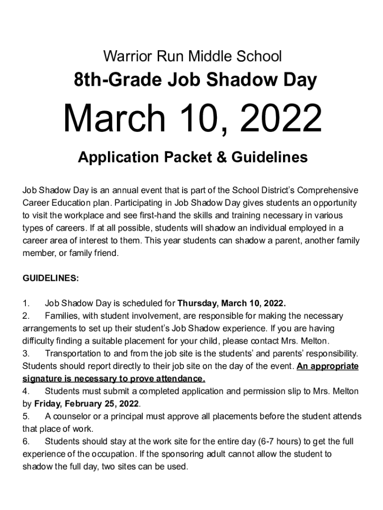 Fillable Online 8th Grade Job Shadow Day - Warrior Run Middle School ...