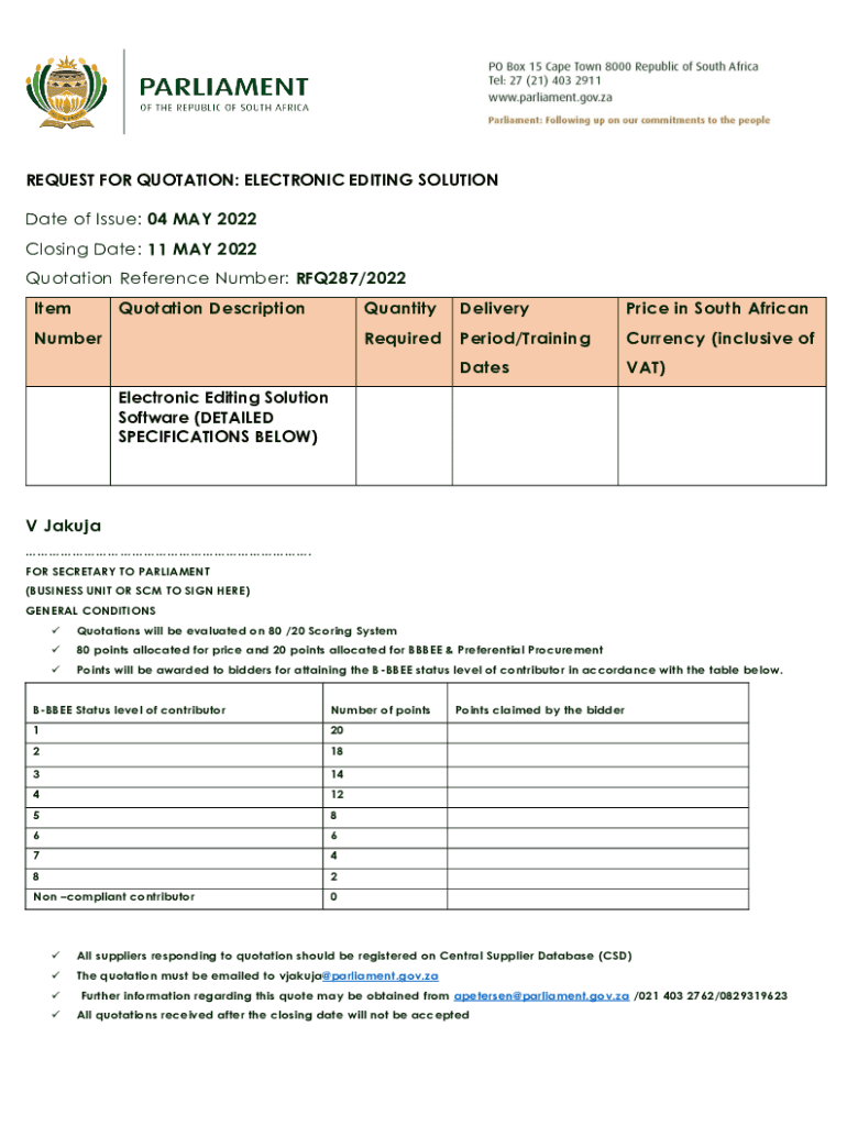 Fillable Online request for quotation: electronic editing solution Fax ...