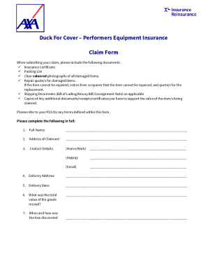 Fillable Online Performers Equipment Insurance Claim Form - Duck for ...
