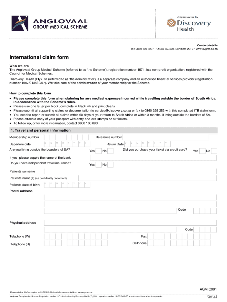 Fillable Online INTERNATIONAL CLAIM FORM - Anglo Medical Scheme Fax ...
