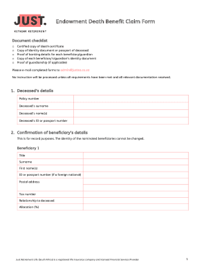 Fillable Online Endowment Death Benefit Claim Form - Just SA Fax Email Print - pdfFiller