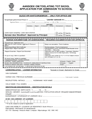 Fillable Online AANSOEK OM TOELATING TOT SKOOL APPLICATION FOR ... Fax ...