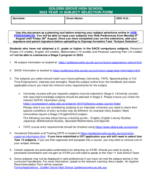 Fillable Online year 12 subject selection form - Golden Grove High School Fax Email Print ...