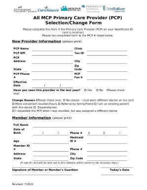 North Carolina Medicaid PCP Change Request for ... Doc Template | pdfFiller