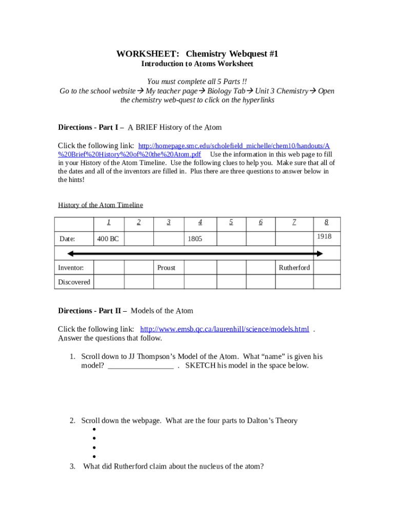 What is Chemistry Webquest worksheet Doc Template | pdfFiller