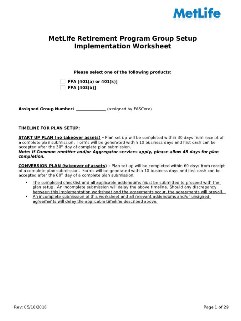 MetLife Retirement Program Group Setup Doc Template | pdfFiller