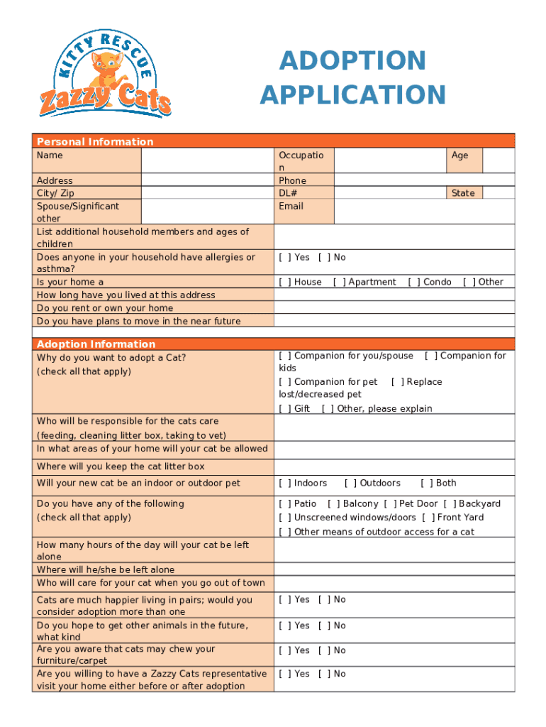 adoption application - Zazzy Cats Kitty Rescue Doc Template | pdfFiller