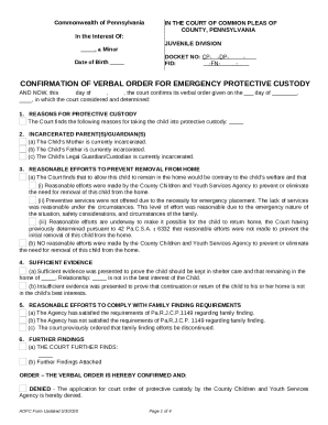 Confirmation of Verbal Order for Emergency Protective Custody Doc ...