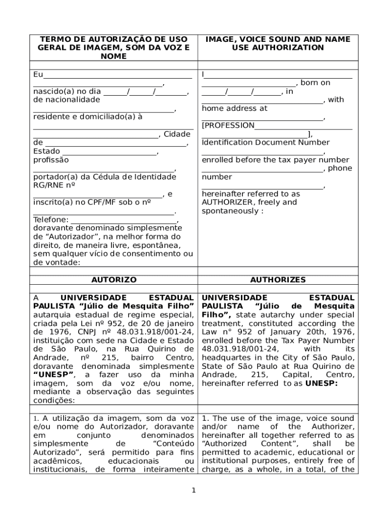 TERMO DE AUTORIZAO DE USO DE IMAGEM E VOZ Doc Template | pdfFiller