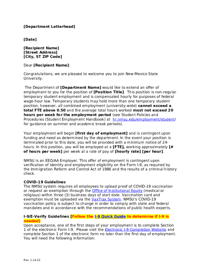 Sample Offer Letter - NMSU HR Services - hr nmsu Doc Template | pdfFiller