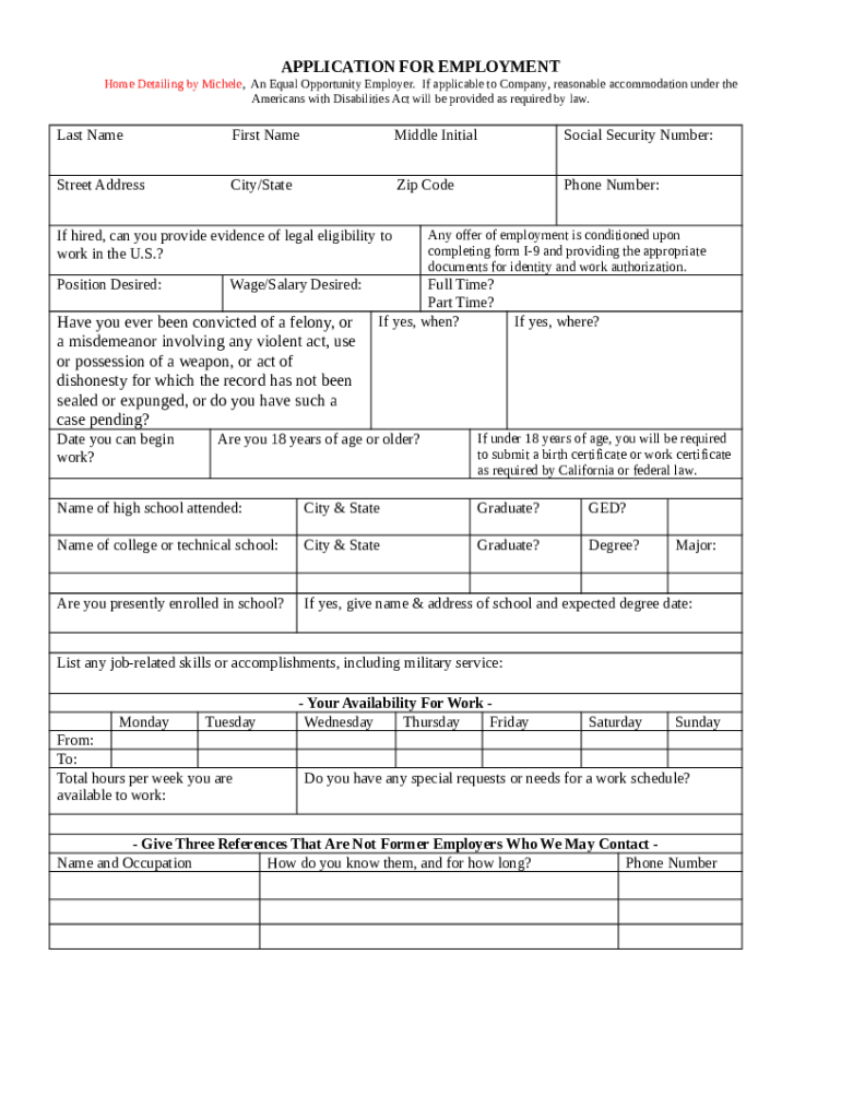 employment application - HOME DETAILING BY MICHELE Doc Template | pdfFiller