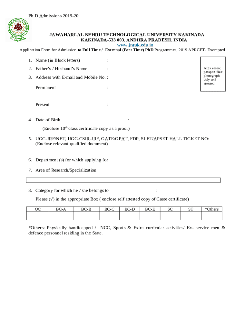 JNTUKDAPh.D Application for Admission to Full ... Doc Template | pdfFiller