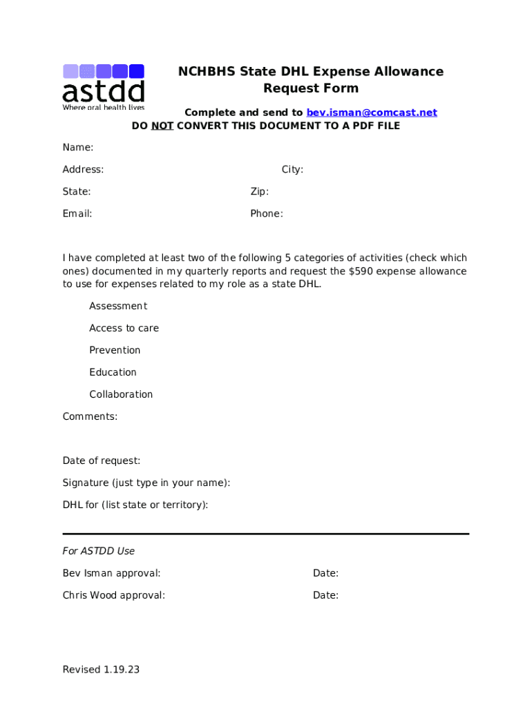 NCHBHS State DHL Expense Allowance Request Doc Template | pdfFiller