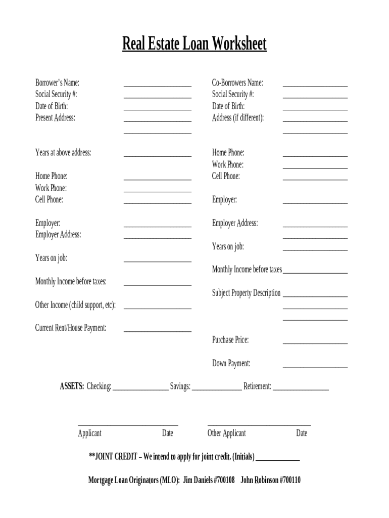 Real Estate Loan Worksheet - Blank Fillable Template | Fill Out, Print ...