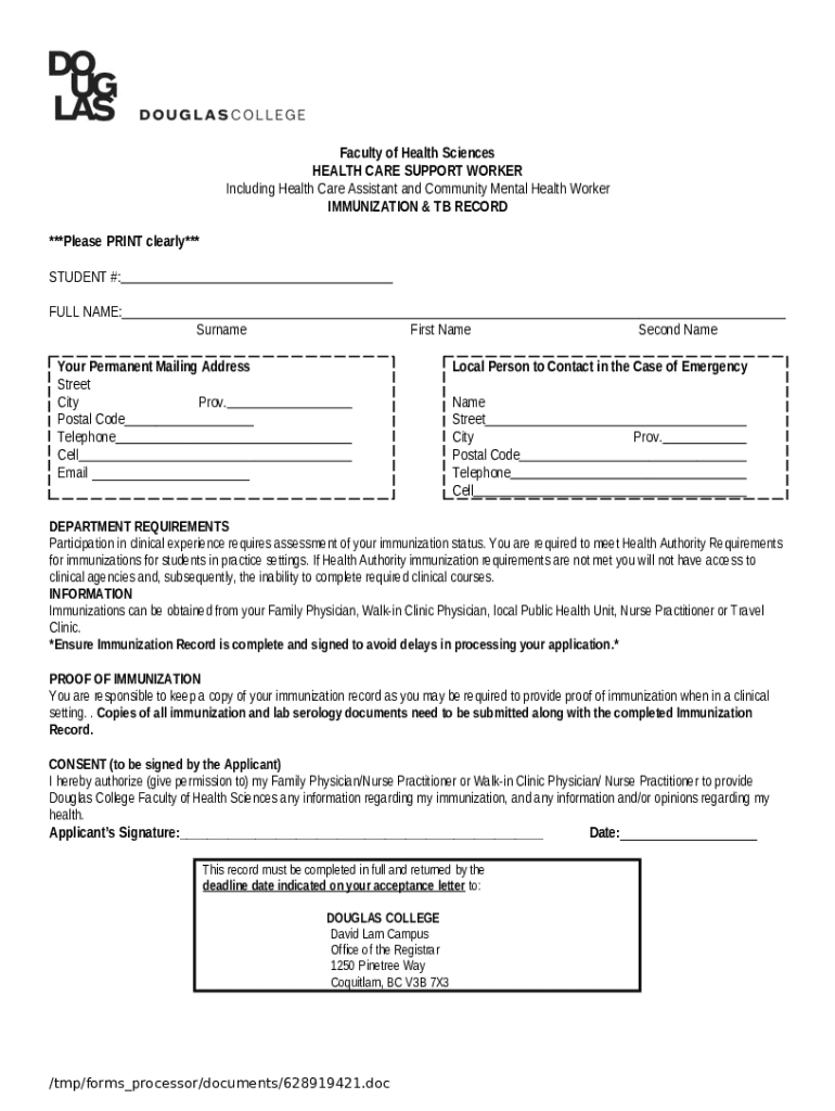 Immunization HCSW1.pdf - Douglas College Doc Template | pdfFiller