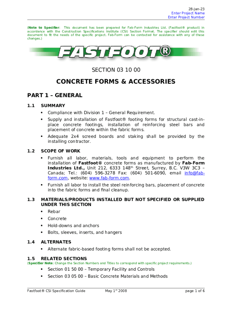 SECTION 03130 - Quad-Lock Insulating Concrete s. 3-part, CSI atted ...