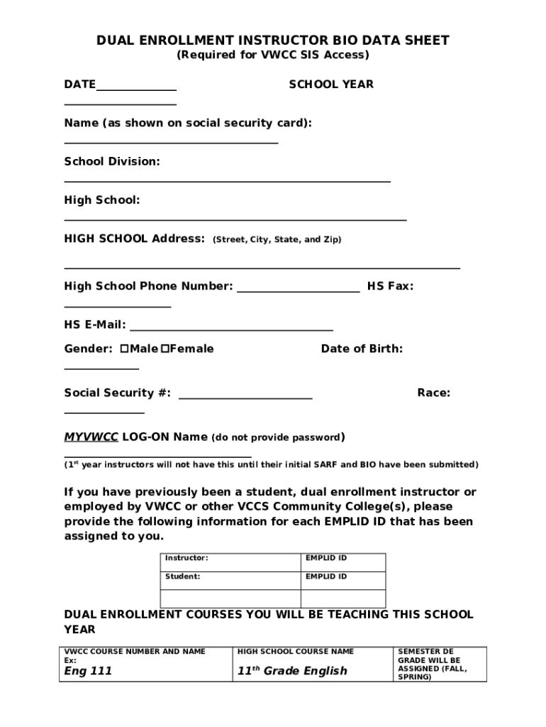Dual Enrollment Instructor Bio Data Sheet Doc Template | pdfFiller