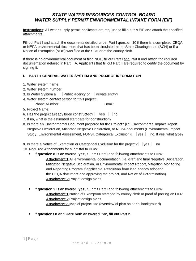 water supply permit environmental intake (eif) Doc Template | pdfFiller