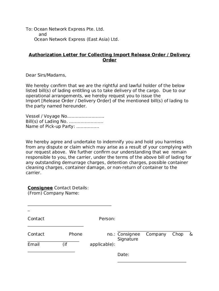 Authorization Letter for Collecting Import Release Order or ... Doc ...