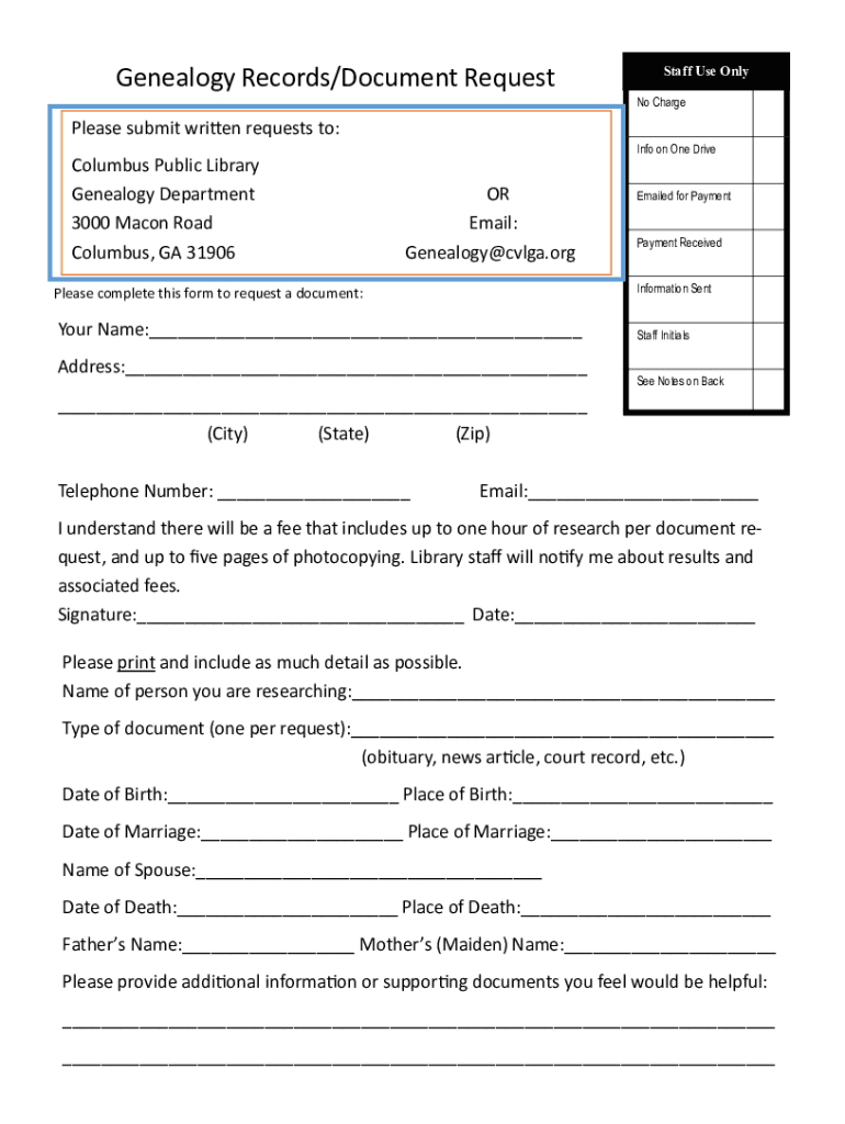 Fillable Online Genealogy Document Request Form - Chattahoochee Valley ...
