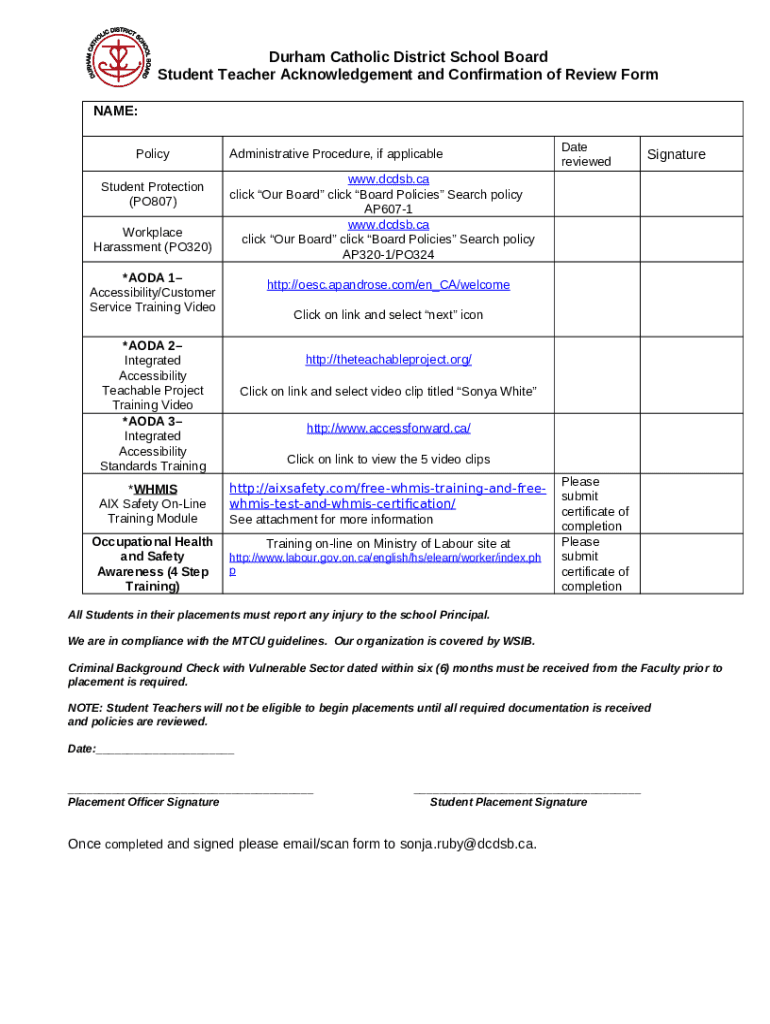 Student Teacher Acknowledgement and Confirmation of Review Doc Template ...