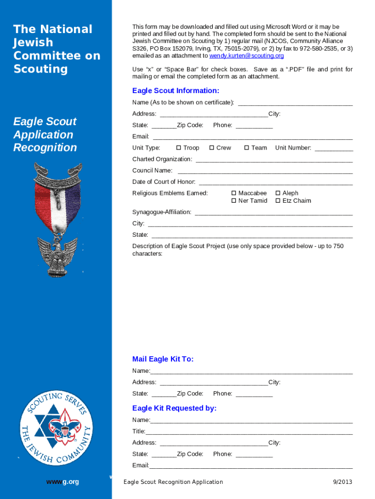 National Jewish Committee on Scouting Eagle Certificate Request Doc Template | pdfFiller