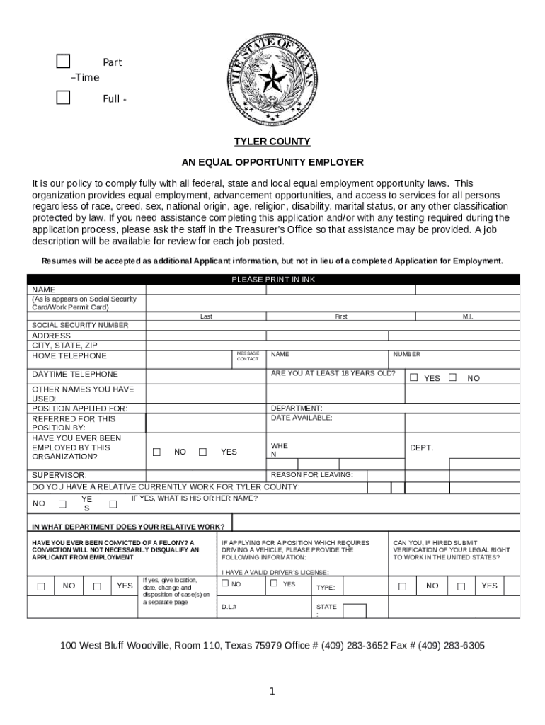 Employment Application - Tyler County Texas Doc Template | pdfFiller