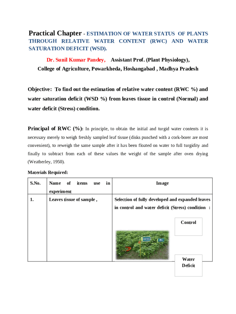 To find out the estimation of relative water content (RWC ... Doc ...