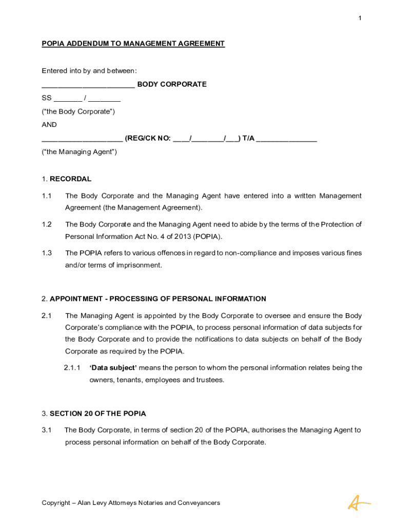 Fillable Online alattorneys co POPIA ADDENDUM TO MANAGEMENT AGREEMENT ...