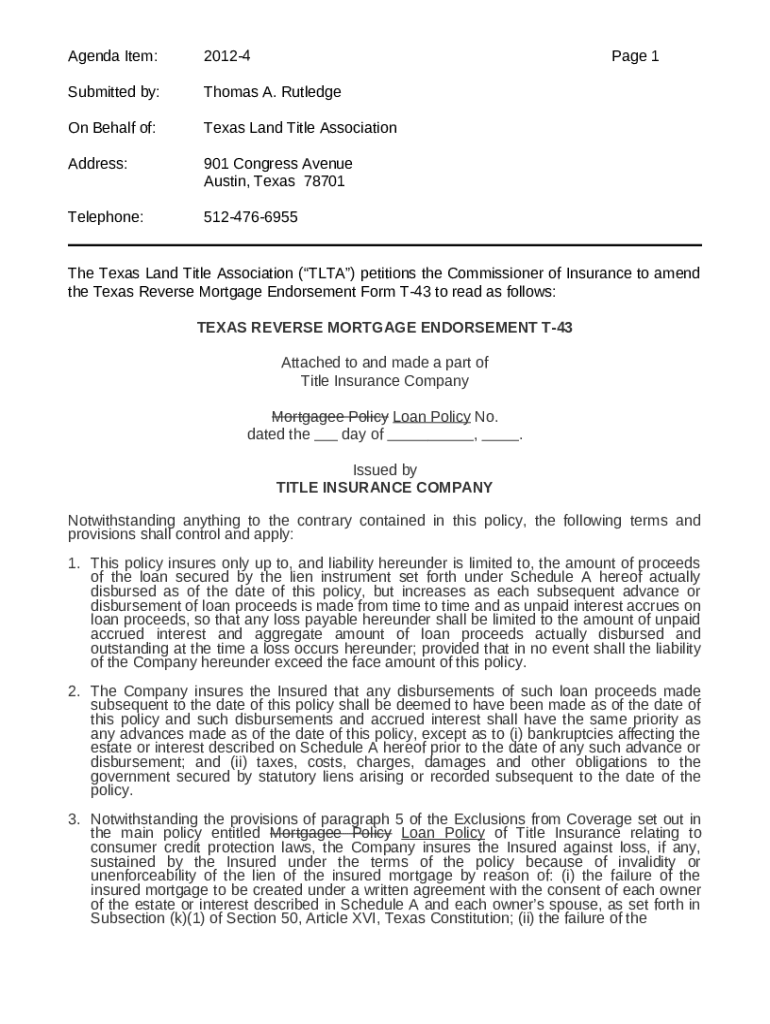 The Texas Land Title Association (TLTA) petitions the Commissioner of ...