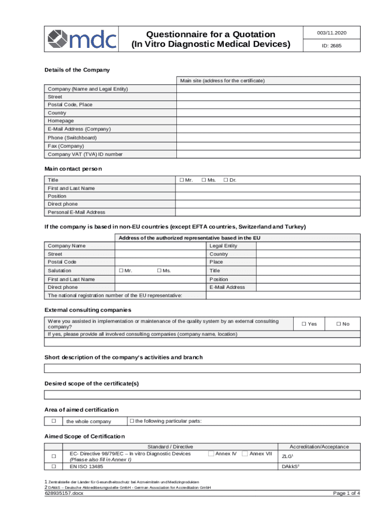 Questionnaire for a Quotation (In Vitro Diagnostic Medical Devices) Doc ...
