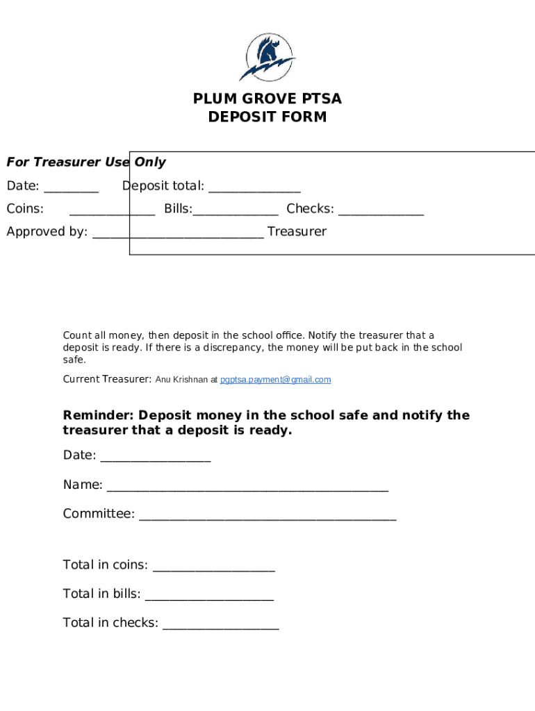 PLUM GROVE PTSA DEPOSIT For Treasurer Use Only Doc Template | pdfFiller