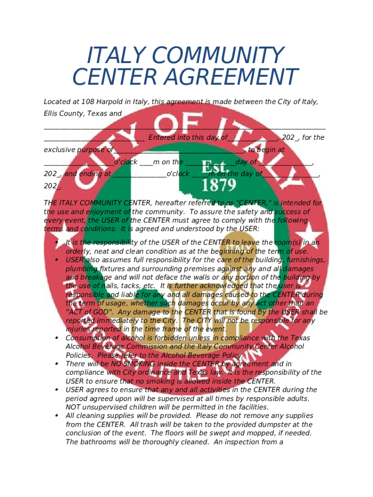ITALY COMMUNITY CENTER AGREEMENT - ci italy tx Doc Template | pdfFiller