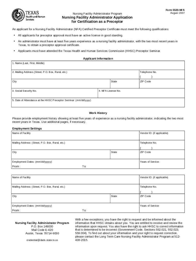 5520-NFA, Nursing Facility Administrator Application for ... Doc ...