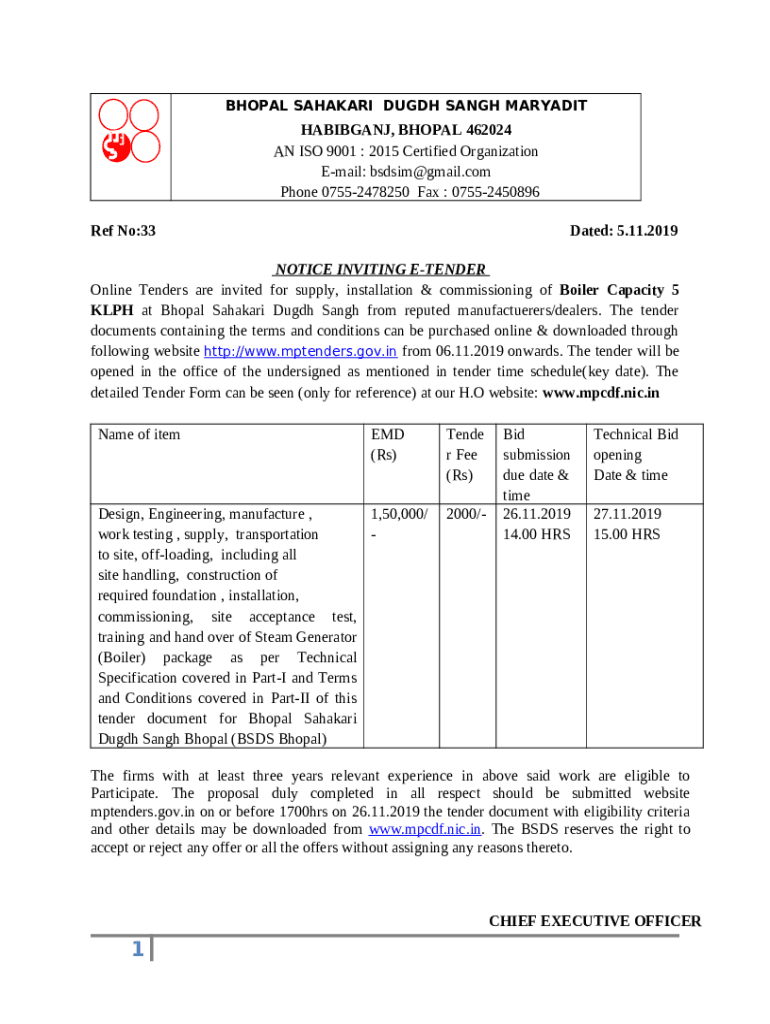 Bhopal Sahakari Dugdha Sangh Maryadit Tenders ... Doc Template | pdfFiller