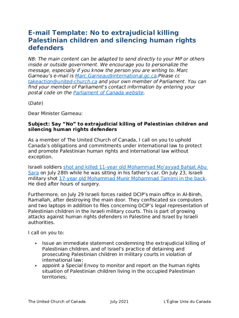 E-mail Template: Extrajudicial Killing of Palestinian Children Doc ...
