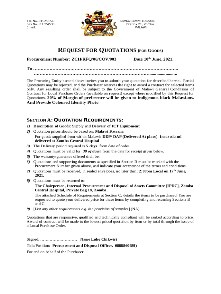 REQUEST FOR QUOTATION (For Goods) - University of Malawi Doc Template | pdfFiller