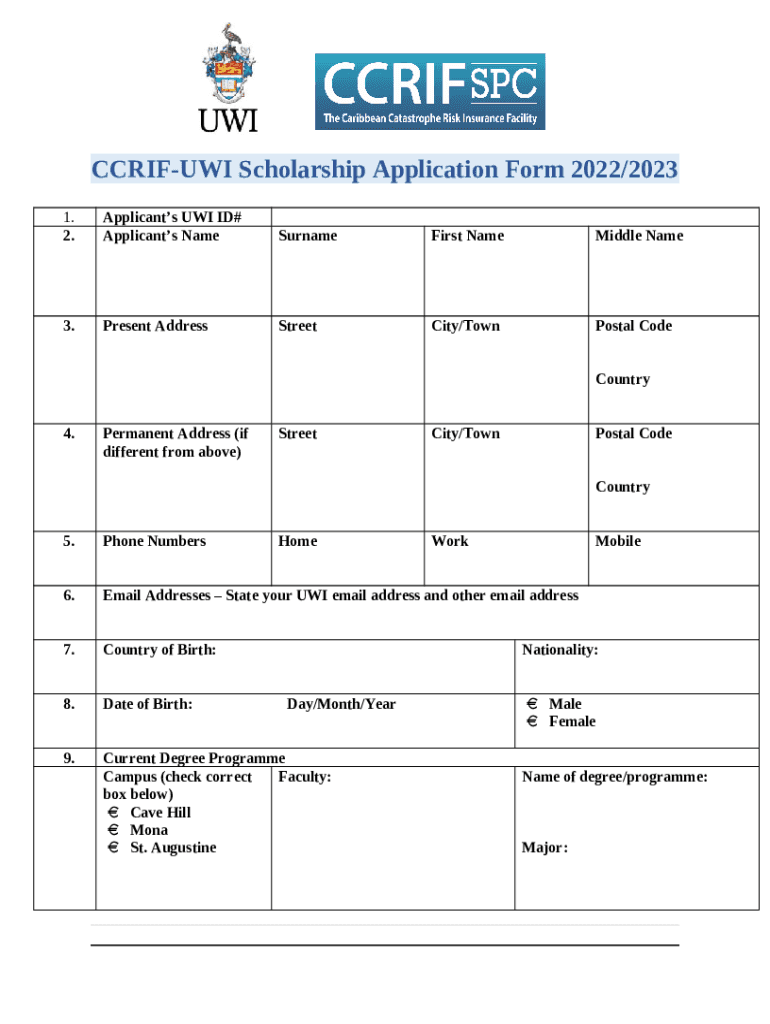 CCRIF-UWI Scholarship Application 2022/2023 Doc Template | pdfFiller