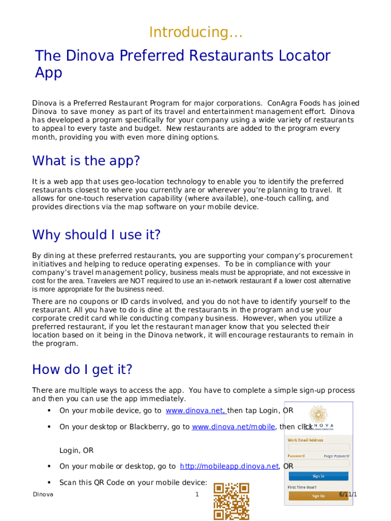 The Dinova Preferred Restaurants Locator App Doc Template | pdfFiller