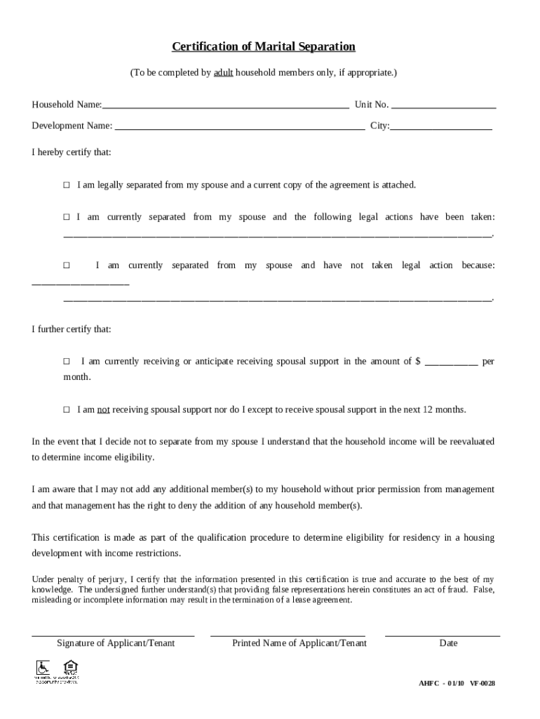 Certification of Marital Separation - Blank Fillable Template | Fill ...