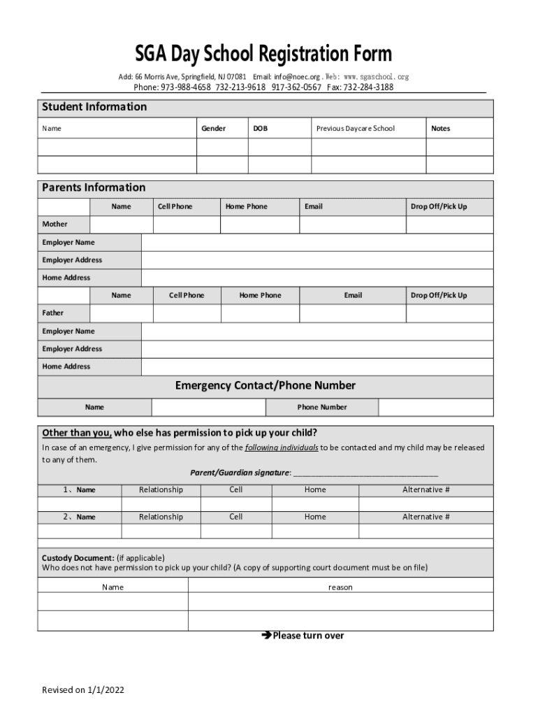 Fillable Online SGA Day School Registration Form Fax Email Print ...
