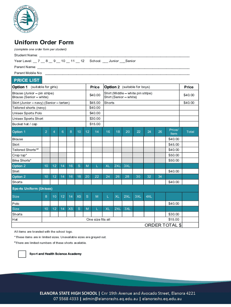 Fillable Online elanorashs eq edu uniform-order-form.pdf Fax Email ...