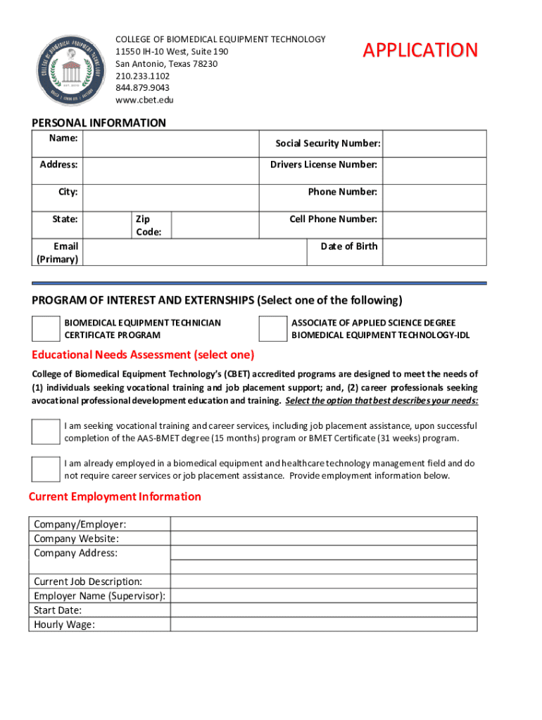 Fillable Online BIOMEDICAL EQUIPMENT TECHNICIAN CERTIFICATE ... Fax ...