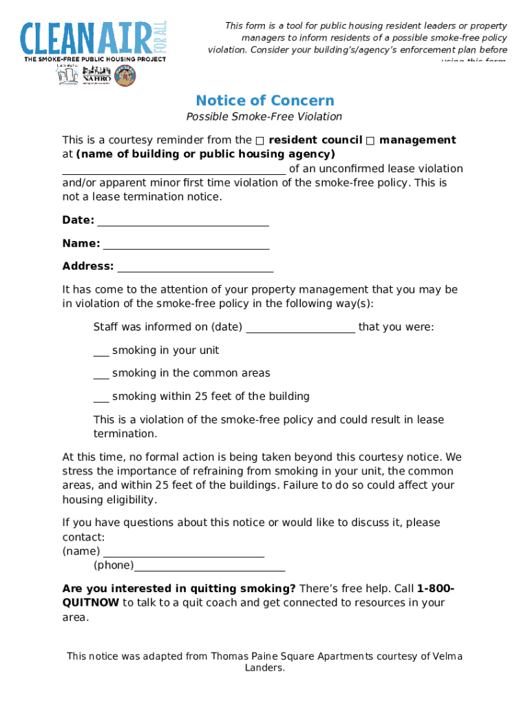 Notice of Concern - The Smoke-Free Public Housing Project Doc Template ...